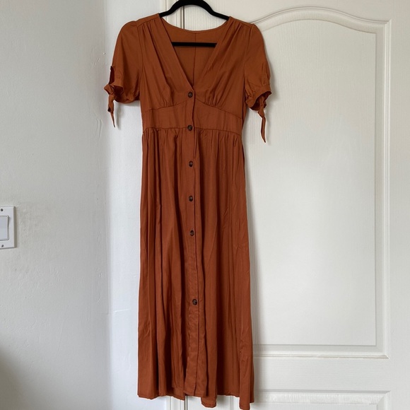 SHEIN | Dresses | Shein Burnt Orange Solid Button Ruched Bust Vneck ...